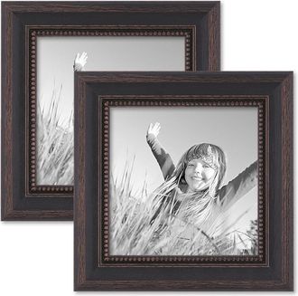 Photolini 2er Set Bilderrahmen 15x15 cm Shabby-Chic Landhaus-Stil Dunkelbraun Massivholz mit Glasscheibe und Zubehör/Fotorahmen