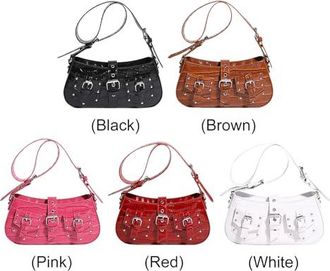 Generic Sac &agrave; main en cuir PU pour femmes, sac &agrave; bandouli&egrave;re &agrave; rivets, boucle de ceinture, sous les bras, Date (noir)