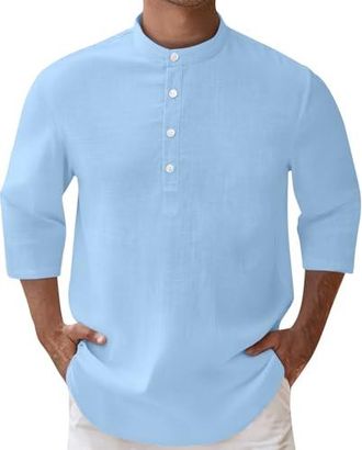 Generic Chemise pour homme &agrave; manches 3/4, col montant, boutonn&eacute;e, d&eacute;contract&eacute;e, avec poche avant, chemise respirante et l&eacute;g&egrave;re pour lext&eacute;rieur, la plage, prin