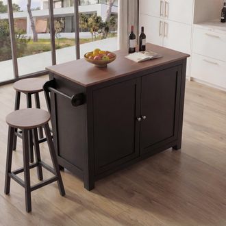 Mendler K&uuml;cheninsel HWC-P61 mit 2 Sitzhockern, K&uuml;chenschrank Schublade Stauf&auml;cher MDF 90x120x45cm - schwarz, Dunkles Holz