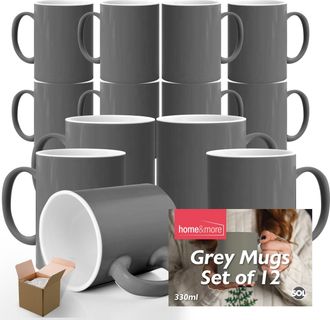 Sol Republic Graue Tassen 12er Set mit Boxen, 330 ml Tassen f&uuml;r Hei&szlig;getr&auml;nke, Keramikbecher-Set, Teetassen-Set, graues Tassen-Set, Kaffeebecher Set, 12 St&uuml;ck, K&uuml;ch