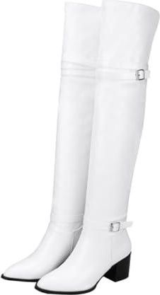 Garneck Femme Longues &Eacute;paisses &agrave; Talon Antid&eacute;rapant Bottines Au-dessus Du Genou pour Automne-hiver Style Cuissardes Chaud et Confortable Blanc