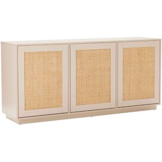 Oviala Meuble TV effet bois 3 portes en rotin L 160 cm cr&egrave;me