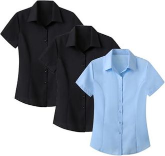 Generic Lot de 3 chemisiers &agrave; manches courtes pour femme - D&eacute;contract&eacute; - Coupe droite - Col en V - Boutonn&eacute; - Couleur unie - D&eacute;contract&eacute; - Basique - Chemise d