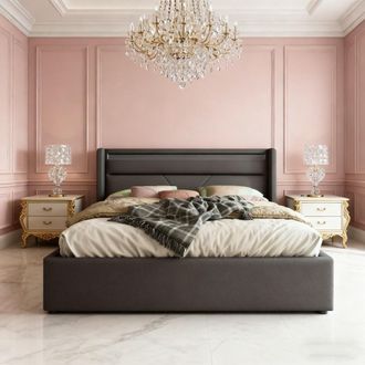 Generic Hydraulisches Stauraumbett 160x200 cm mit LED-Beleuchtung - Graues Polsterbett inkl. Fernbedienung - Doppelbett & Funktionsbett