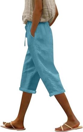 Generic Pantalon en coton et lin pour femme - Jambe large - Pantalon de plage d&eacute;t&eacute; pour femme - Confortable - Pantalon de yoga Palazzo XIYU26012, bleu, XXL