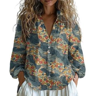 Generico Chemise Femme d&Eacute;t&eacute; D&eacute;contract&eacute;e Manches Longues Chemisier en Lin Coton Curvy Grande Taille Chemises Col en V Classique Blouse Vintage Fantaisie avec B