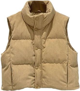 Generic Gilet sans manches en velours c&ocirc;tel&eacute; pour femme, coupe courte, col montant, fermeture &eacute;clair et boutons pression, kaki, taille XL