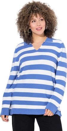 Ulla Popken Damen Pullover, Streifen, Polokragen Cardigan Sweater, Ägäisblau, 50-52 EU