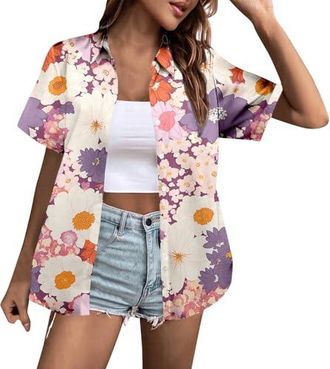 Generic Chemise d&eacute;contract&eacute;e pour femme - Chemise hawa&iuml;enne tropicale d&eacute;t&eacute; amusante &agrave; manches courtes boutonn&eacute;e - Tendance hawa&iuml;enne - Palmier - Croisi&egrave;re vin