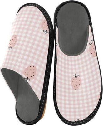 HMZXZ Pantoufles roses &agrave; motif fraise pour homme et femme, motif carreaux &agrave; carreaux pour la maison, la chambre &agrave; coucher, les voyages, multicolore, 37.5/38