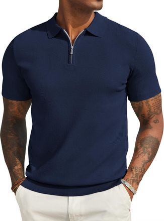 Coofandy Herren Poloshirt Kurzarm Sommer Strick Polo T-Shirts mit Reißverschluss Männer Polohemd Golf Shirt Navy Blau 3XL