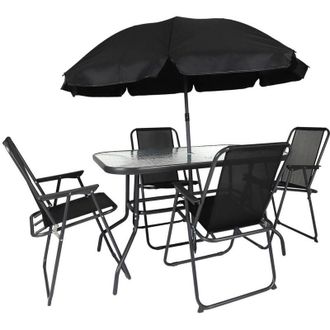Altobuy Altobuy - gardel - Salon de Jardin Noir Table M&eacute;tal et Verre tremp&eacute; et 4 Fauteuils en Toile
