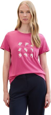 Tom Tailor Damen Basic T-Shirt mit Blumen-Print, lush orchid, XXS