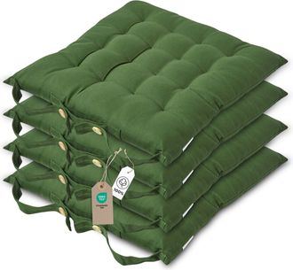 Homescapes 4er Set Stuhlkissen 40x40 cm olivgr&uuml;n - Sitzkissen Outdoor/Indoor mit Baumwollbezug, Sitzpolster waschbar und Oeko-TEX-Zertifiziert f&uuml;r Esszimmer-, K&uuml;