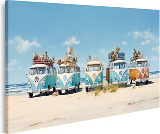 Islandburner Leinwandbild Kult T1 Busse am Strand in einer Sommeridylle mit Wolken und Sand - Leinwand 100x57cm