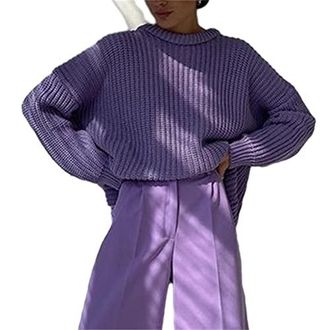 Generic Chandail &agrave; encolure ras du cou et &agrave; manches longues pour femme, coupe d&eacute;contract&eacute;e, pull en grosse maille &agrave; &eacute;paules tombantes pour femme, rose, taille