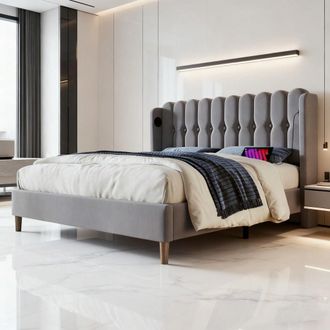 Generic Modernes Polsterbett mit USB-C Ladestation - 140x200 cm in Grau (Leinen) inkl. Lattenrost & Matratze - Ideal f&uuml;r Schlaf- und G&auml;stezimmer