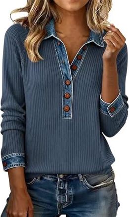 Generic Sweat-shirt pour femme sans capuche Denim Patchwork &agrave; manches longues Pull en tricot Col &agrave; revers Pull Tops avec boutonni&egrave;re 2026 Mode D&eacute;contract&eacute; T-s