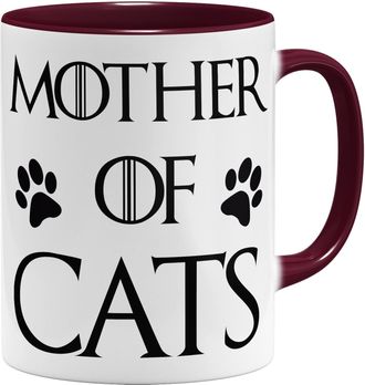 OM3 Mother of Cats Kaffee-Tasse mit Spruch - f&uuml;r Katzenmamas & Crazy Cat Ladys - Keramik Becher - 325ml - Beidseitig Bedruckt - Bordeaux