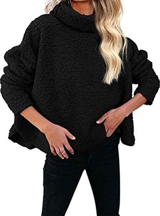 ORANDESIGNE Pull Femme Hiver Chaud Chic Col Roul&eacute; Polaire Grande Taille Chandail Manche Longue Couleur Unie Oversize Sweatshirt Tunique B Noir XXL