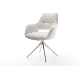 DELIFE Drehstuhl Yago-Flex mit Armlehnen Boucl&eacute; Creme-Wei&szlig; Kreuzgestell breit Edelstahl 360&deg; drehbar Wippfunktion Taschenfederkern, Esszimmerst&uuml;hle