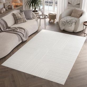 Tapiso Hygge Tapis Poils Courts Moderne Cr&egrave;me Blanc Ray&eacute; en Relief Aspect 3D Tapis Salon Chambre Adulte Salle &agrave; Manger Oeko-TEX 120 x 170 cm