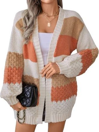 Generic Pull rayé à manches longues pour femme - Pull décontracté en tricot ouvert sur le devant, Orange, XL