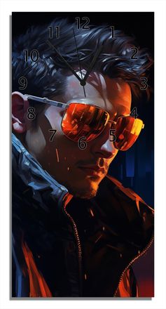 Wallario Design-Wanduhr, Acrylglasuhr Größe 30 x 60 cm, Schwarze Zeiger, Motiv Ernster Typ mit Sonnenbrille