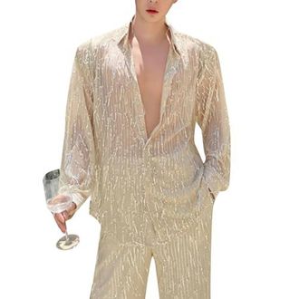 Generic Chemise disco pour homme &agrave; revers brillant - Costume de carnaval traditionnel &agrave; imprim&eacute; &eacute;tincelant pour homme - V&ecirc;tements de bal masqu&eacute; ( 178 blanc, t