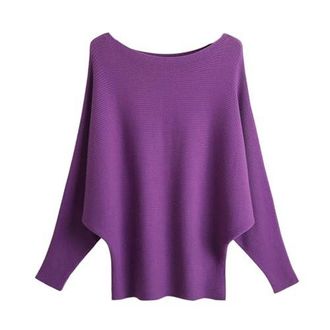 Generic Pull en tricot &agrave; manches chauve-souris et col bateau pour femme - Automne et hiver - Long pull chaud en tricot c&ocirc;tel&eacute;, violet, Taille unique