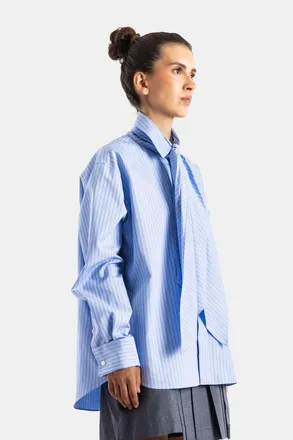 sacai Womens Chemise Poplin Shirt Ray&eacute;e Bleu Clair Avec Cravate Blue