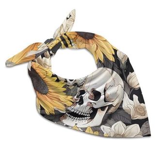 Generic Écharpe carrée en soie légère motif tête de mort tournesol squelette floral foulards pour cheveux respirant cadeaux pour femmes hommes, multicolore, 4