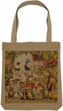 Fabulous Sac Shopping Tote Bag Aspect Lin - Lapin Chatons Canards Mignon Illustration Enfant Beatrice Potter - Sac de Courses Toile Epaisse 360g Beige Naturel 