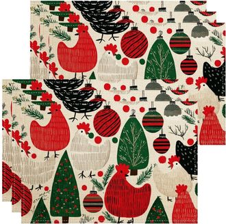 Generic Weihnachtliche Platzsets mit H&uuml;hnern, rustikale Platzsets f&uuml;r Esstisch, Urlaub, rutschfest, waschbar, f&uuml;r drinnen und drau&szlig;en, dekoratives Tischset, 6