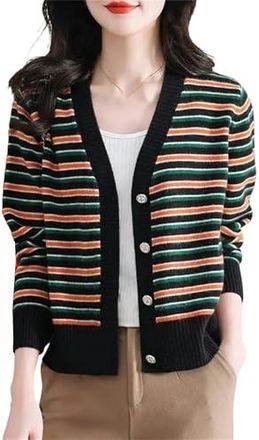 Generic Cardigan en tricot &agrave; manches longues pour femme Motif patchwork ray&eacute; Col en V Style vintage, Noir/blanc, XXL