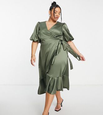 Asos Curve ASOS DESIGN Curve - Edit - Midi-Wickelkleid aus Satin in Khaki mit Puff&auml;rmeln-Gr&uuml;n