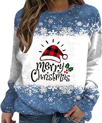 Generic Sweat-shirt de Noël amusant pour femme - Imprimé artistique - Manches longues - Col rond, bleu clair, XS