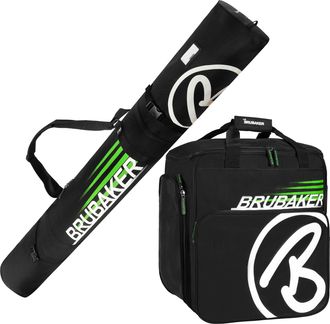 Brubaker Kombi Set Champion Skisack und Skischuhtasche f&uuml;r 1 Paar Ski bis 190 cm + St&ouml;cke + Schuhe + Helm Schwarz Gr&uuml;n