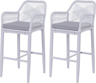 Mendler 2er-Set Rope-Barhocker HWC-P91, Barstuhl Tresenhocker, Outdoor Sitzpolster Seilgeflecht Metall - hellgrau