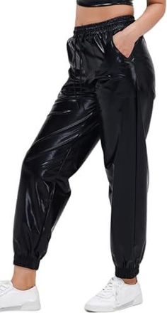 Feoya Pantalon de Jogging M&eacute;tallique Brillant Femme 80s 90s Glitter Pantalon de Jogging Holographique Hip Hop Club Streethose Noir M
