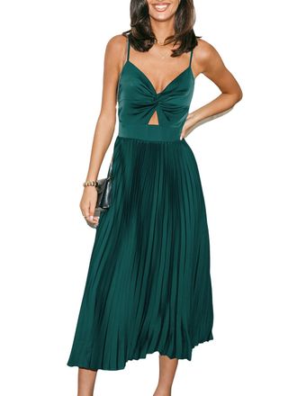 Cupshe Damen Kleid Satin V-Ausschnitt &Auml;rmellos Freizeitkleider Plissiert Front Twist Party Elegant Maxi Cami Dress Gr&uuml;n XL