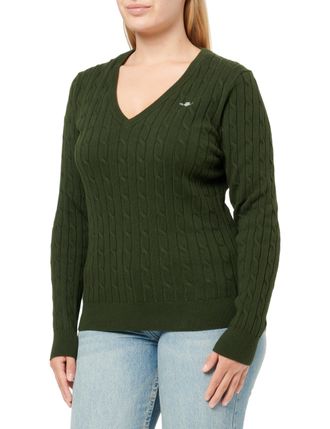 GANT Damen Stretch Cotton Cable V-Neck Pullover, Green Lagoon, XL