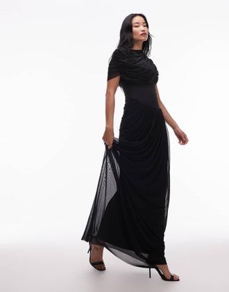 Heiress Beverly Hills Robe longue asym&eacute;trique taille basse avec superposition drap&eacute;e en tulle - Noir