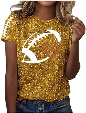 Generic T-shirt pour femme 2025 &agrave; paillettes - Haut ample tendance - Coupe ample - D&eacute;contract&eacute; - Saison de football - &Eacute;t&eacute; 2025 - T-shirt graphique &agrave; col rond 