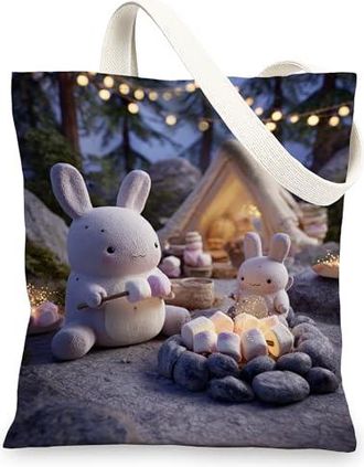 Generic Sac fourre-tout en toile motif lapin mignon, sac dépicerie réutilisable en peluche, sac de transport léger inspiré du camping 33 x 38,1 cm