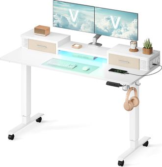 Vasagle H&ouml;henverstellbarer Schreibtisch elektrisch, 140 x 60 x (72-120) cm, stufenlos verstellbar, mit Monitorst&auml;nder, Steckdosenleiste, Haken, Memory-Funktio