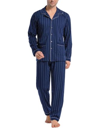 iClosam Schlafanzug f&uuml;r Herren mit Kn&ouml;pfen Pyjama Baumwolle Kariert Pyjamas Langarm Schlafanz&uuml;ge M&auml;nner Zweiteiliger Lang Nachtw&auml;sche V-Ausschnitt Loungewear 
