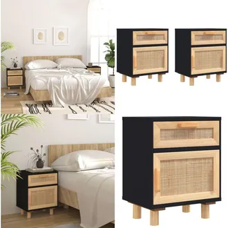 vidaXL Nachttische 2 Stk. Schwarz Massivholz Kiefer und Natur-Rattan - Nachttisch - Wohnzimmerdeko - Schlafzimmerm&ouml;bel - Sideboard - Kommode - Home & Living