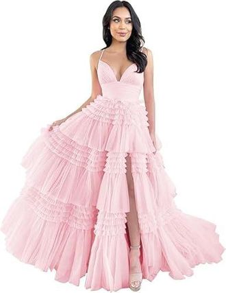 Generic Robes de bal en tulle &agrave; volants longue robe de bal col en V robes de soir&eacute;e formelles avec fente, rose, 10XL Grande taille
